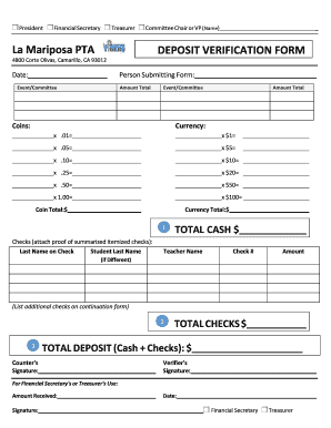 Fillable Online La Mariposa PTA DEPOSIT VERIFICATION FORM Fax Email ...