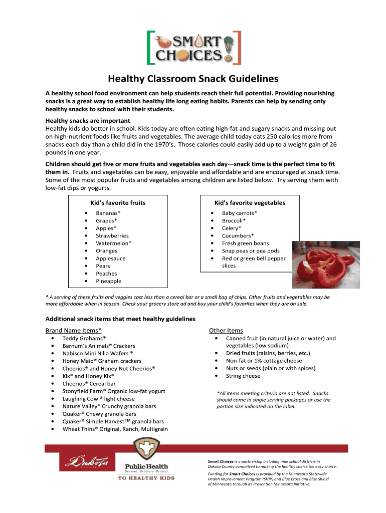 Fillable Online Healthy Classroom Snack Guidelines Fax Email Print ...