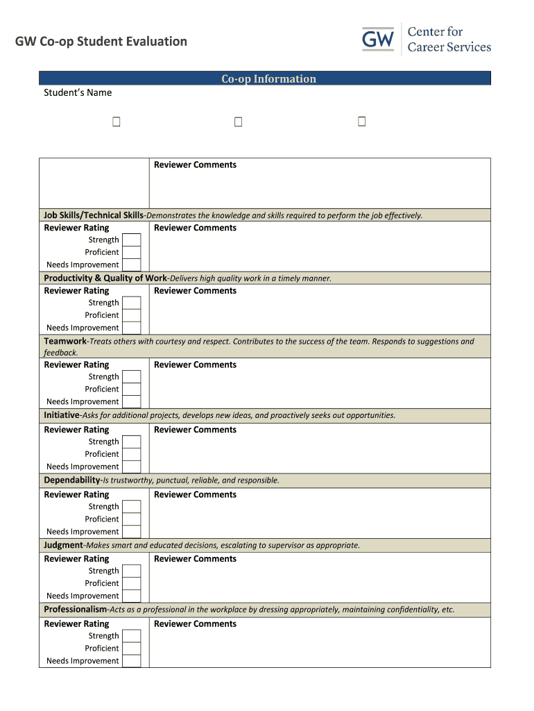 Fillable Online GW Co-op Student Evaluation - George Washington ...