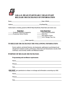 Fillable Online BRAD HEAD STARTEARLY HEAD START RELEASE OR EXCHANGE Fax ...