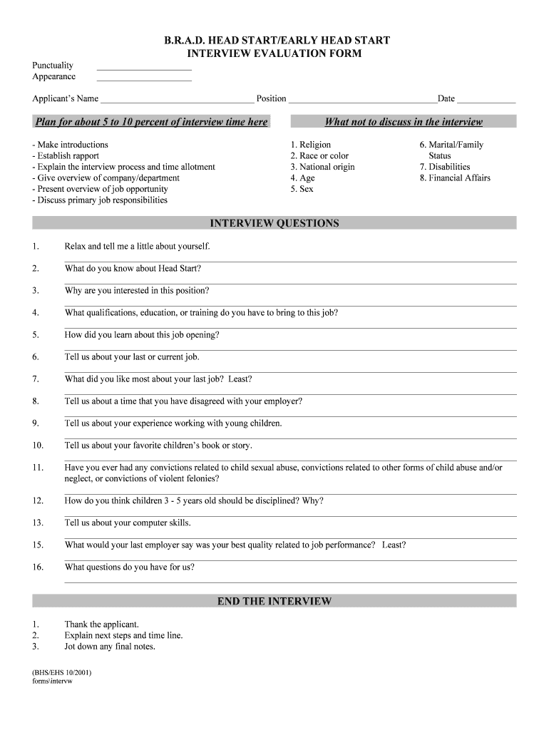 Fillable Online BRAD HEAD STARTEARLY HEAD START INTERVIEW EVALUATION ...