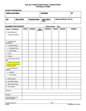 Fillable Online BRAD HEAD STARTEARLY HEAD START PHYSICAL FORM Fax Email ...