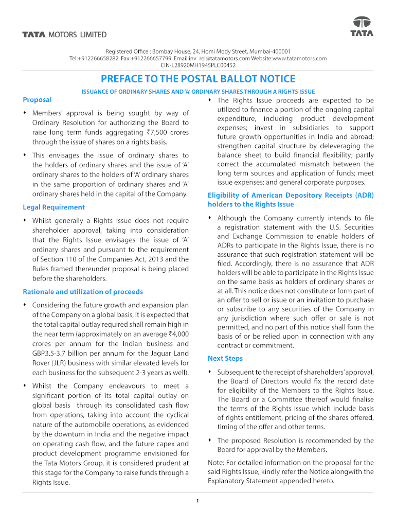 Fillable Online Preface to the postal ballot notice - BSE Ltd Fax Email Print - pdfFiller