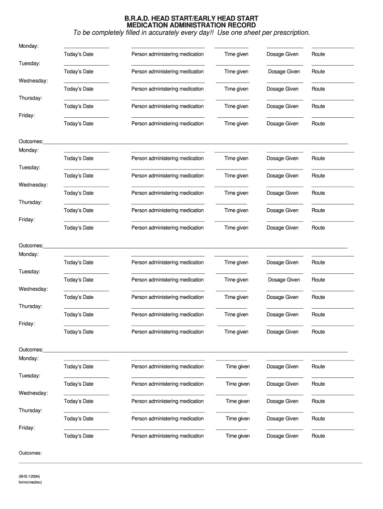 Fillable Online BRAD HEAD STARTEARLY HEAD START MEDICATION Fax Email ...