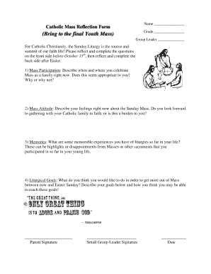Fillable Online Catholic Mass Reflection Form Bring to the final Youth ...