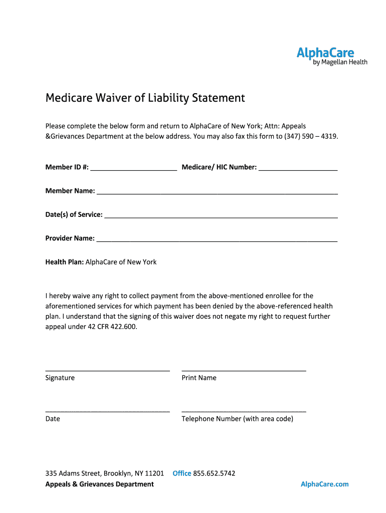 Fillable Online Medicare Waiver of Liability Statement - alphacarecom ...