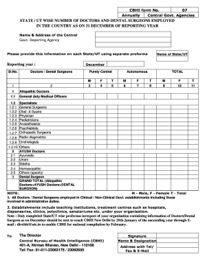 Fillable Online CBHI form No 07 Annually Central Govt Agencies STATE ...