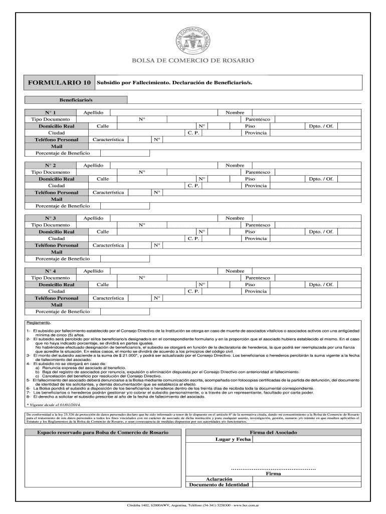 Fillable Online FORMULARIO 10 Subsidio por Fallecimiento Fax Email ...