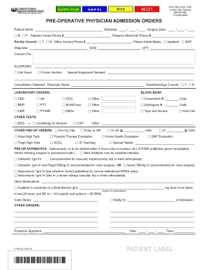 Fillable Online PRE-OPERATIVE PHYSICIAN ADMISSION ORDERS Fax Email ...