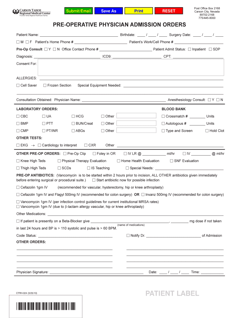 Fillable Online PRE-OPERATIVE PHYSICIAN ADMISSION ORDERS Fax Email Print - pdfFiller