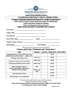 Fillable Online CLASSROOM BIRTHDAY TREAT ORDER FORM Fax Email Print ...