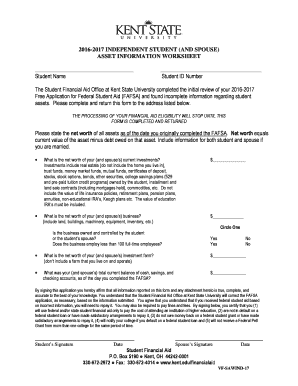 Fillable Online sfa kent 2016-17 Indep Student Asset Worksheet - sfa ...