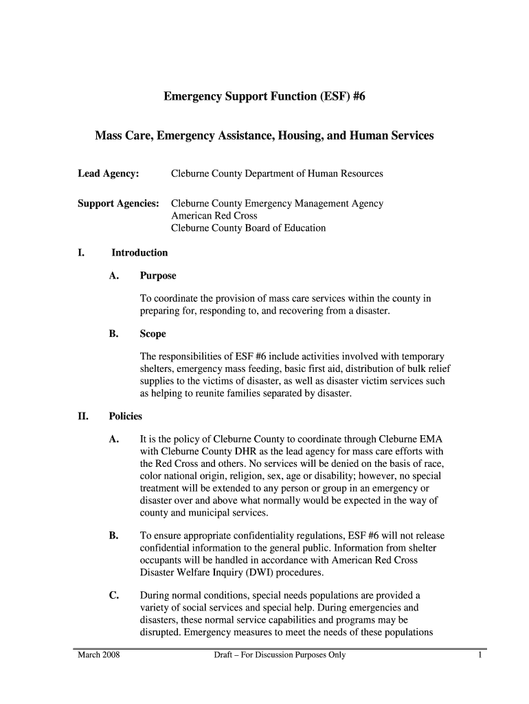 Fillable Online cleburnecounty Emergency Support Function ESF 6 Mass ...