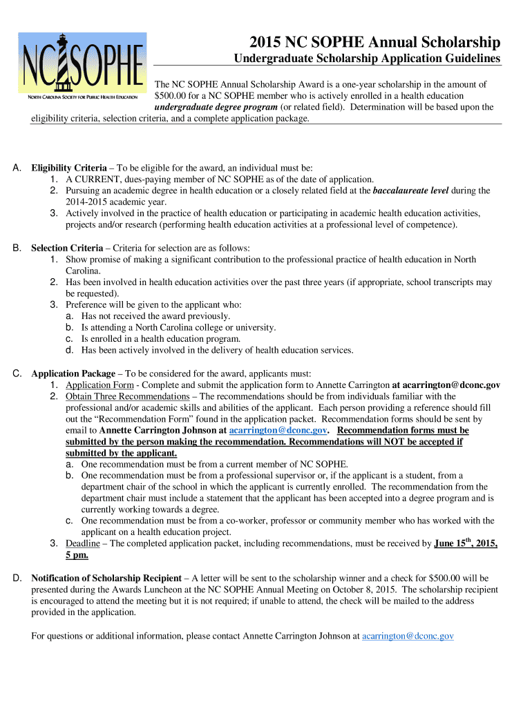 Fillable Online ncarolinasophe 2015 NC SOPHE Annual Scholarship ...