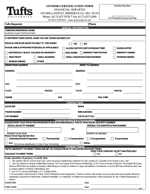 Fillable Online finance tufts VENDOR CERTIFICATION FORM Vendor Number ...