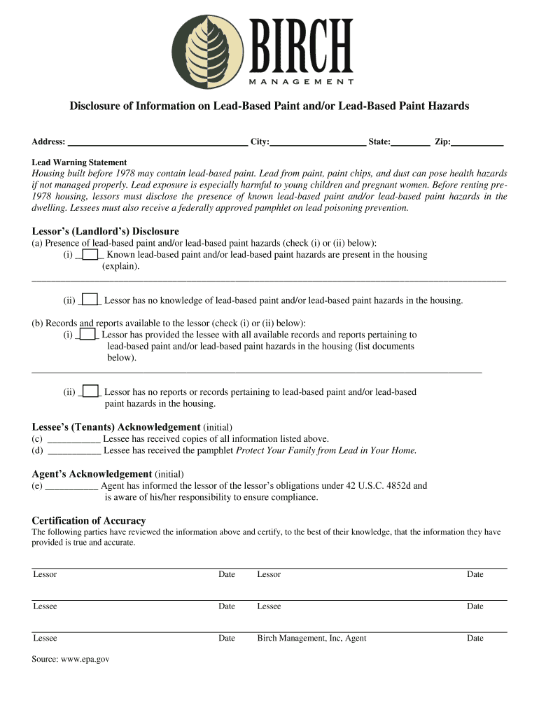 Fillable Online Disclosure of Information on LeadBased Paint and/or ...