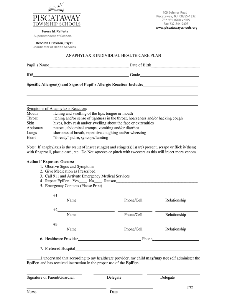 Fillable Online ANAPHYLAXIS INDIVIDUAL HEALTH CARE PLAN - SharpSchool ...