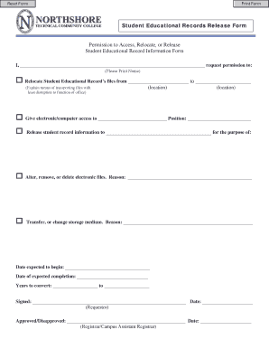 Fillable Online northshorecollege Student Educational Records Release ...