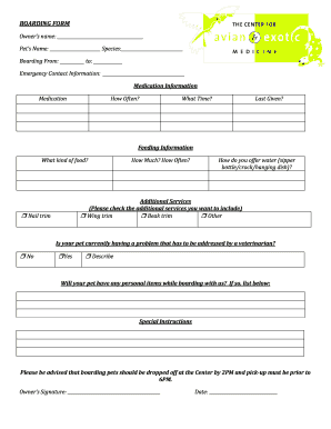 Fillable Online BOARDING FORM - Center for Avian and Exotic Fax Email ...