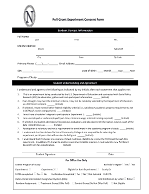 Fillable Online northshorecollege Pell Grant Experiment Consent Form ...