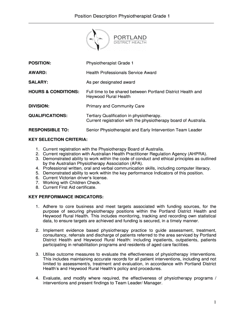 Fillable Online Position Description Physiotherapist Grade 1 Fax Email Print - pdfFiller