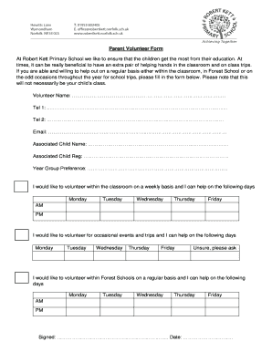 Fillable Online robertkett norfolk sch Parent Volunteer Form At Robert ...