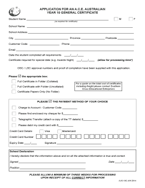 Fillable Online scee edu APPLICATION FOR AN ACE AUSTRALIAN YEAR 10 ...