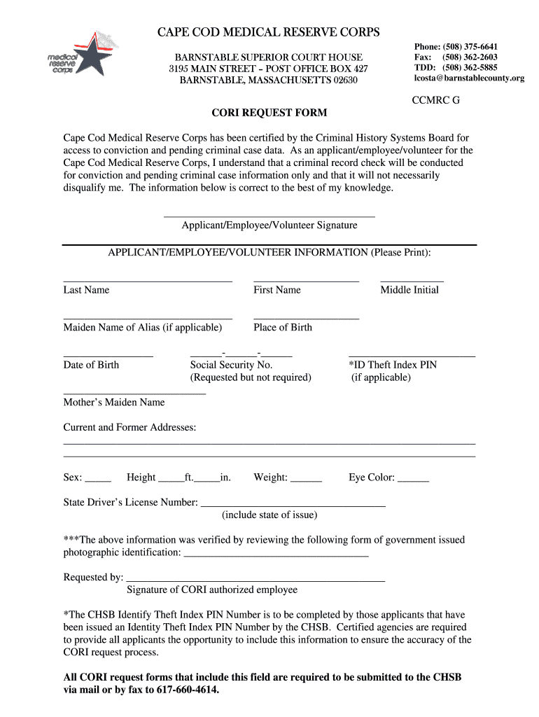 Fillable Online Mrc Cori Request Form Brewster Massachusetts Fax Email Print Pdffiller