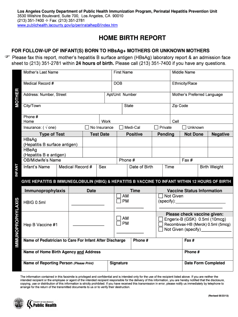 Fillable Online HOME BIRTH REPORT - adminpublichealthlacountygov Fax ...