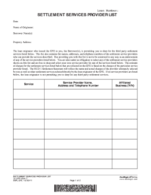 Fillable Online Loan Number SETTLEMENT SERVICES PROVIDER LIST Fax Email ...