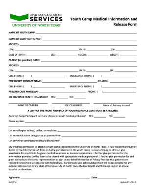 Fillable Online Youth Camp Medical Information and Release Form NAME OF ...