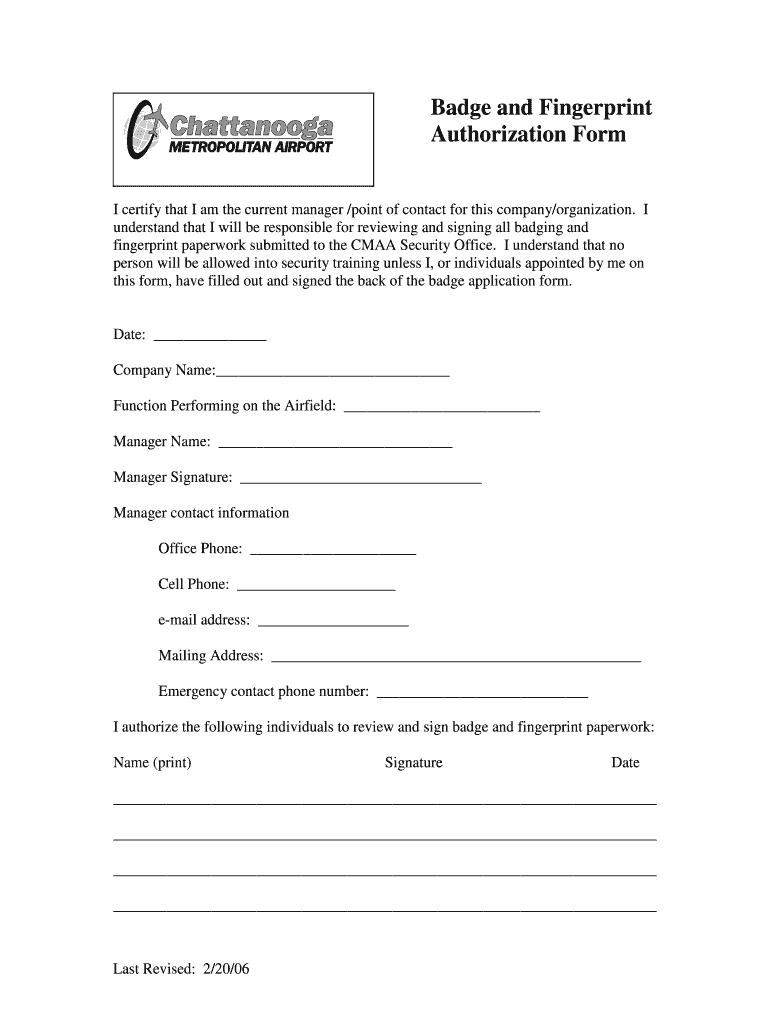Fillable Online Badge and fingerprint authorization form ...