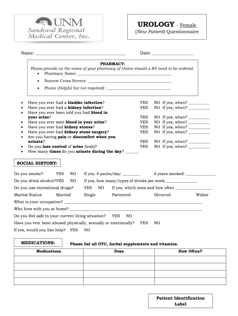 Fillable Online UROLOGY - UNM SRMC Fax Email Print - pdfFiller