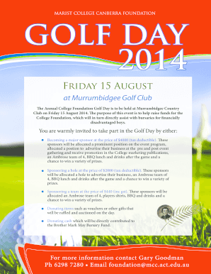Fillable Online MARIST COLLEGE CANBERRA FOUNDATION GOLF DAY 2014 Friday ...