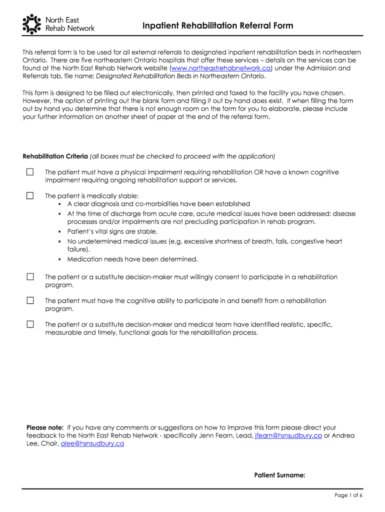 Fillable Online nbrhc on Inpatient Rehabilitation Referral Form - NBRHC ...