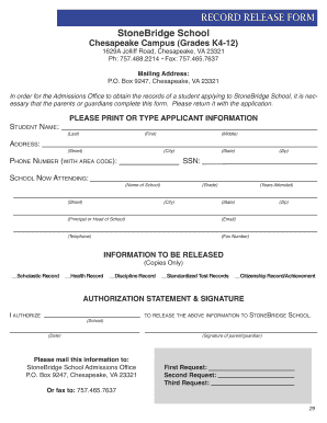 Fillable Online RECORD RELEASE FORM StoneBridge School Chesapeake ...