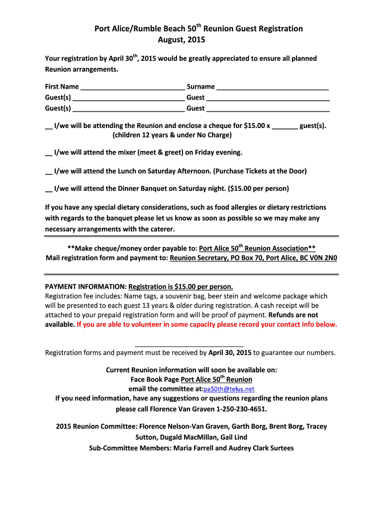 Fillable Online portalice Port Alice/Rumble Beach 50th Reunion Guest Registration August, 2015 ...
