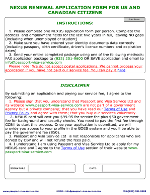 Fillable Online NEXUS RENEWAL APPLICATION FORM FOR US AND CANADIAN ...