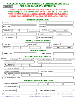 Fillable Online NEXUS APPLICATION FORM FOR CHILDREN UNDER 18 Fax Email ...