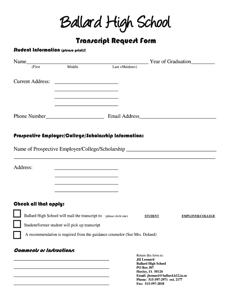 Fillable Online ballard k12 ia Ballard High School - ballard k12 ia Fax ...
