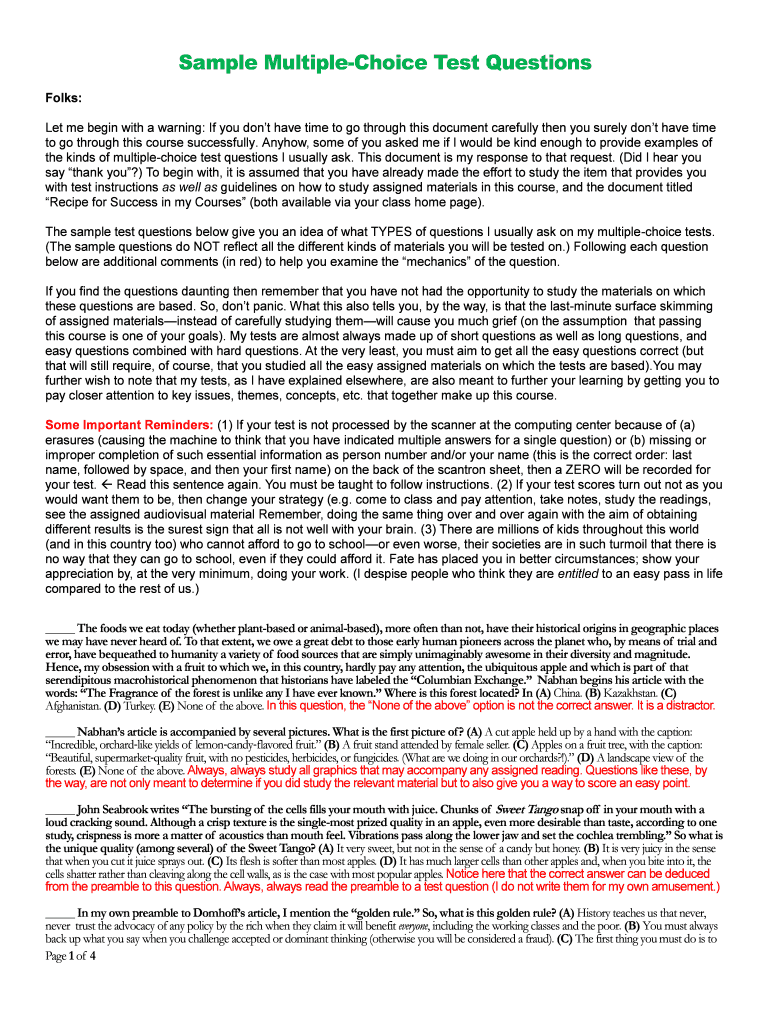 Fillable Online Sample Multiple-Choice Test Questions - elegantbraincom ...