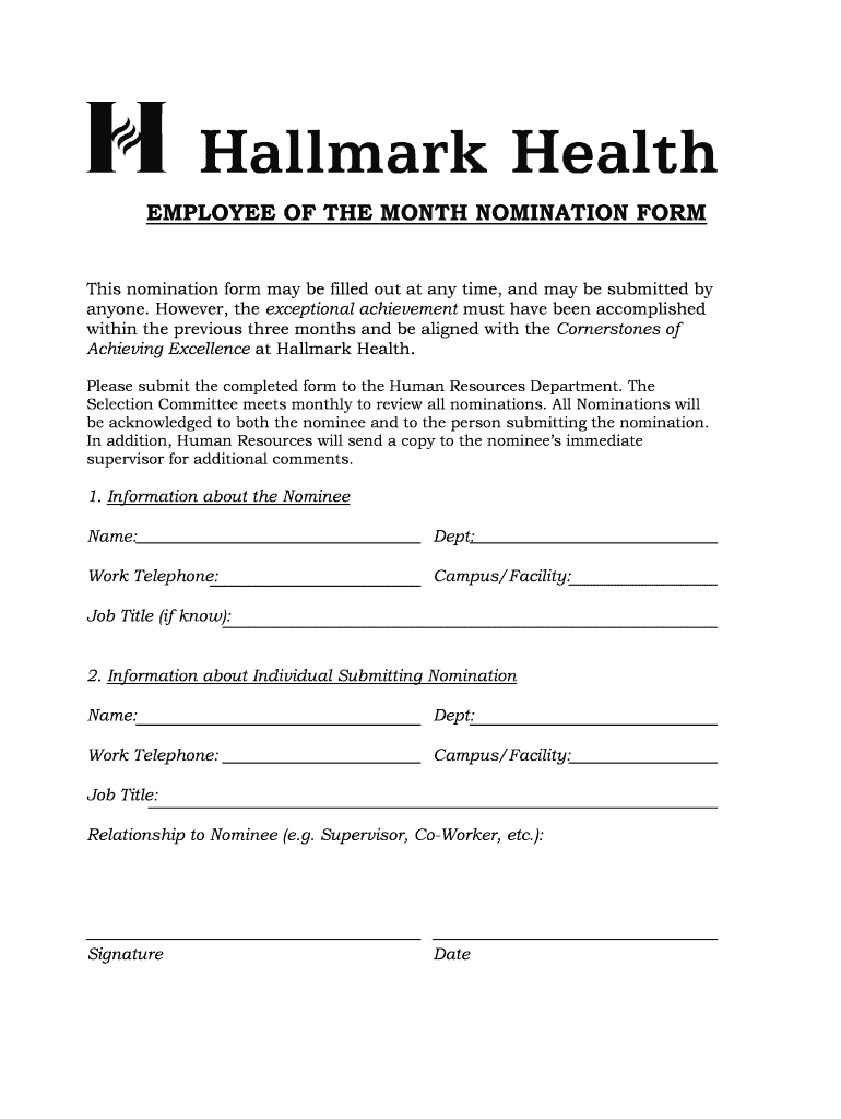 Fillable Online sp hallmarkhealth EMPLOYEE OF THE MONTH NOMINATION FORM ...