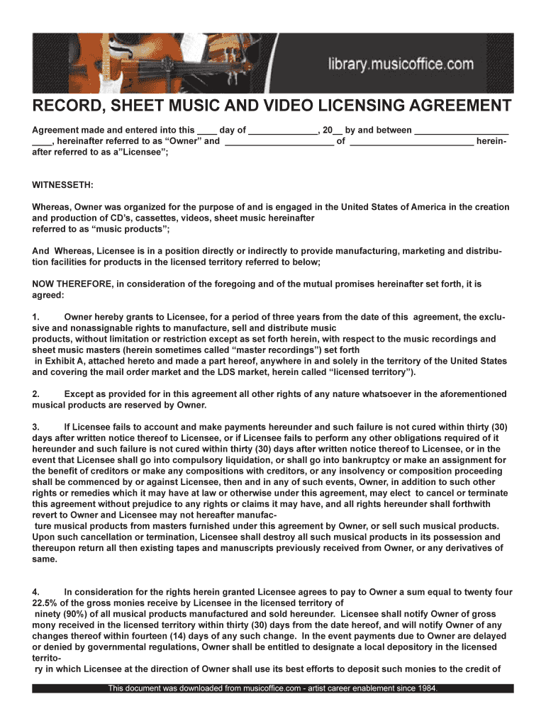 Fillable Online RECORD SHEET MUSIC AND VIDEO LICENSING AGREEMENT Fax ...