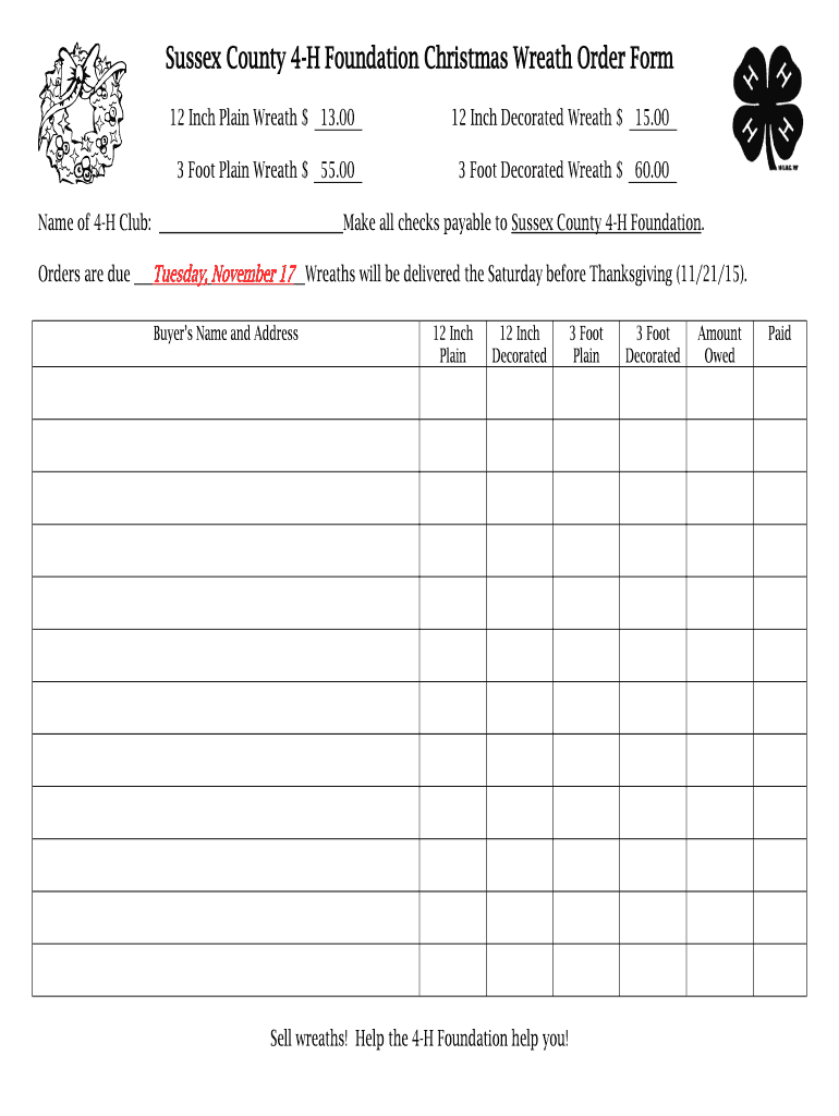 Fillable Online sussex4h Download a wreath sales totals form Fax Email ...