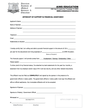 Fillable Online aimseducation AFFIDAVIT OF SUPPORT & FINANCIAL ...