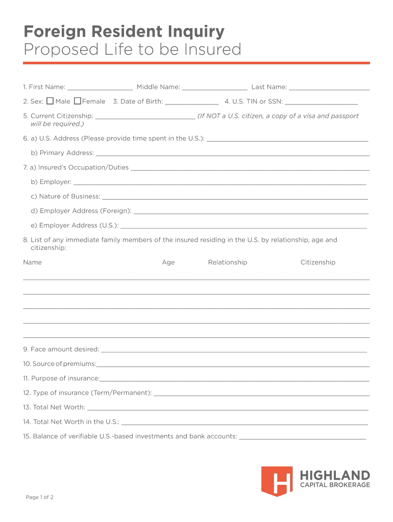 Fillable Online Foreign Resident Inquiry Proposed Life to be Insured ...