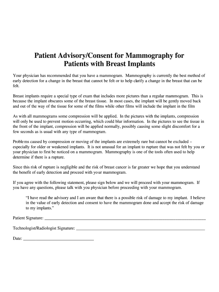 Fillable Online breastcare Patient AdvisoryConsent for Mammography for ...