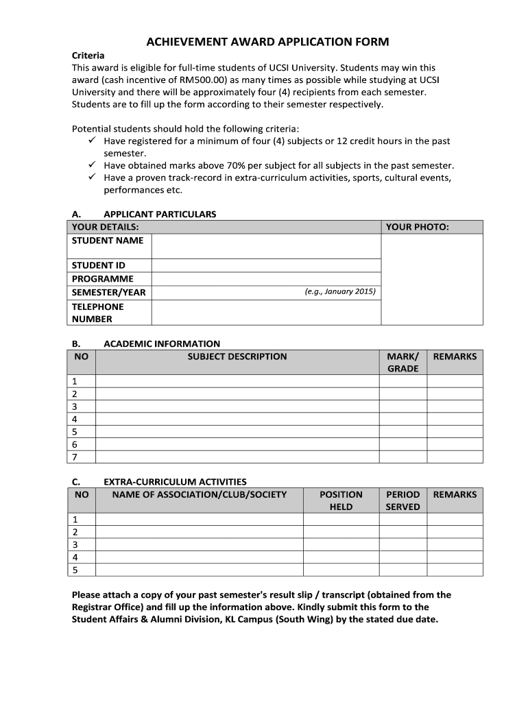 Fillable Online ucsiuniversity edu ACHIEVEMENT AWARD APPLICATION FORM ...