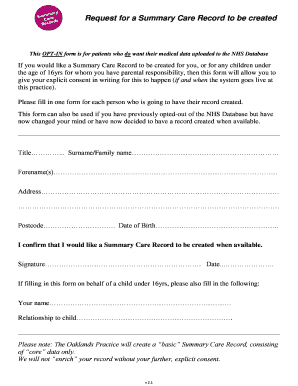 Fillable Online ymcentre Request for a Summary Care Record to be created - ymcentre Fax Email ...