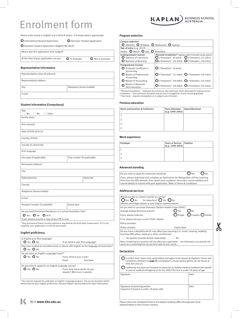 Fillable Online Enrolment form - KBSeduau Fax Email Print - pdfFiller